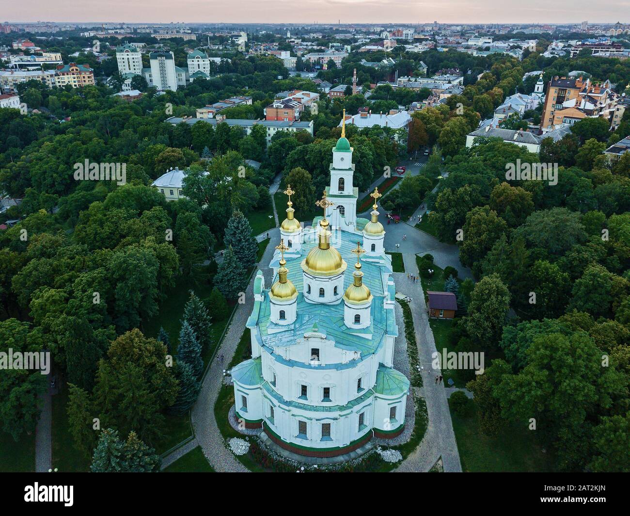 The top view of golden domes of the cathedral which located at a green ...