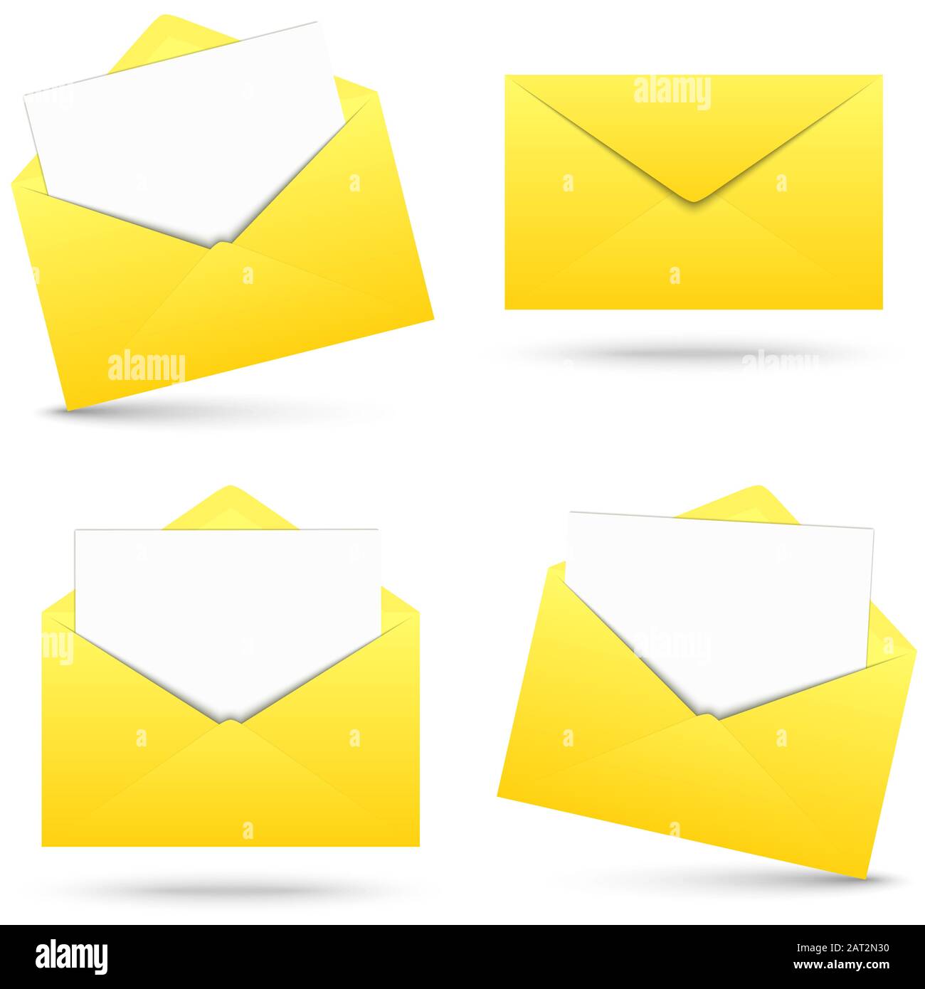collection of yellow envelopes opened with empty white paper and shadow ...