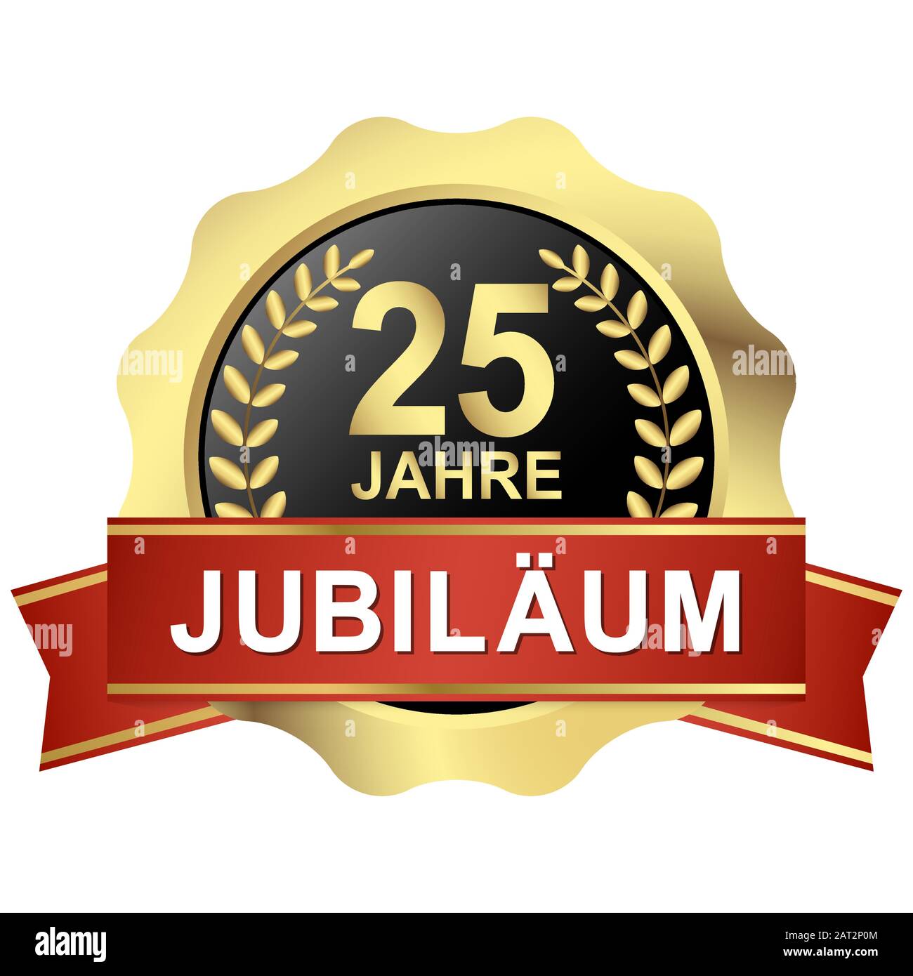 gold button with red banner for 25 years jubilee (text in german Stock ...