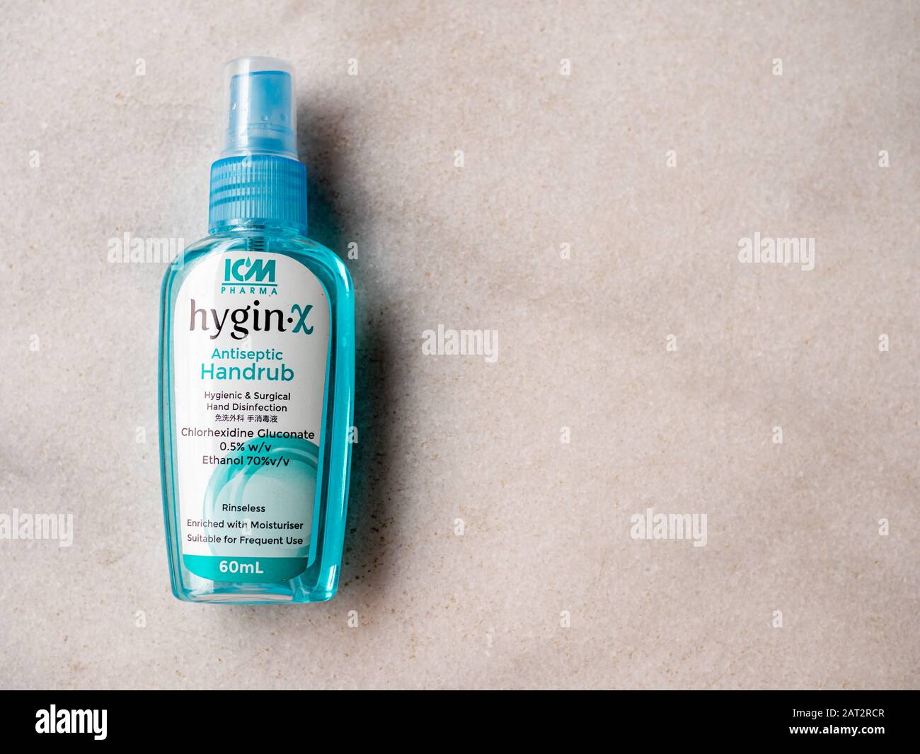 SINGAPORE, 29 JAN 2020 – Close up of Hygin X alcohol antiseptic hand ...