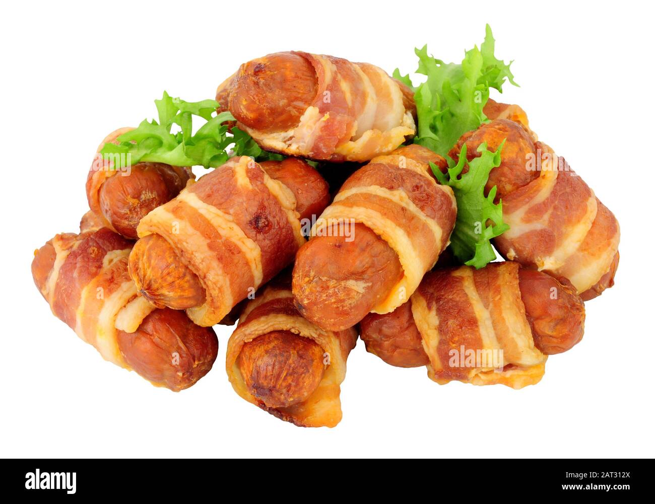 Group of small chorizo sausage pigs in blankets isolated on a white ...