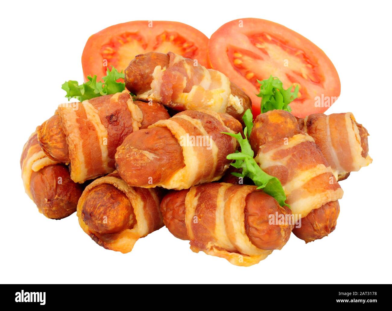 Group of small chorizo sausage pigs in blankets isolated on a white ...