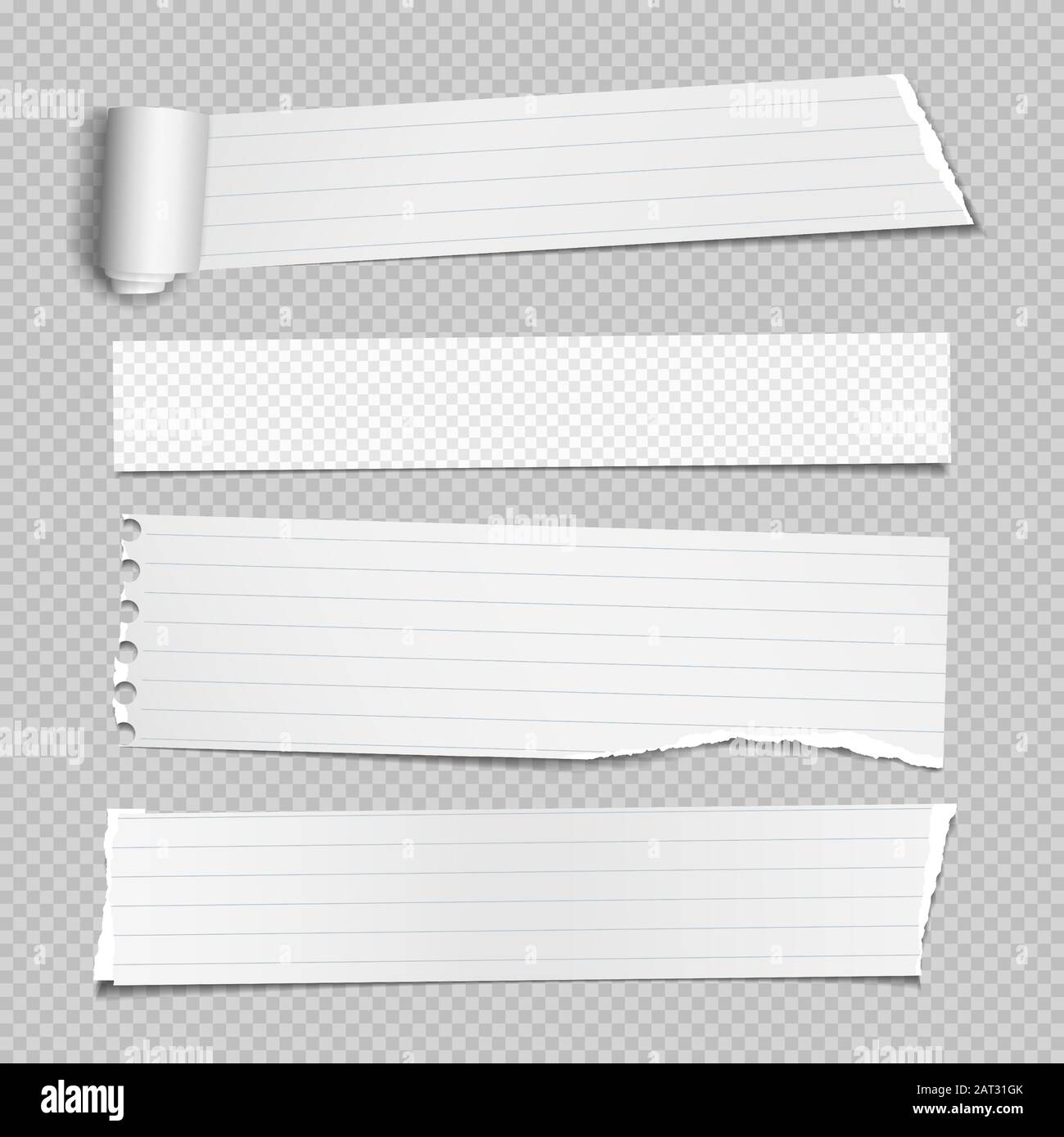 Rolled and ripped white note paper pieces, strips are on squared ...