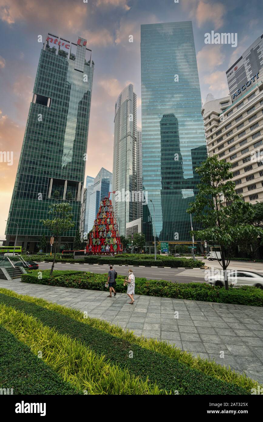 Singapore. January 2020. A panoramic view of Raffles Square in the city ...