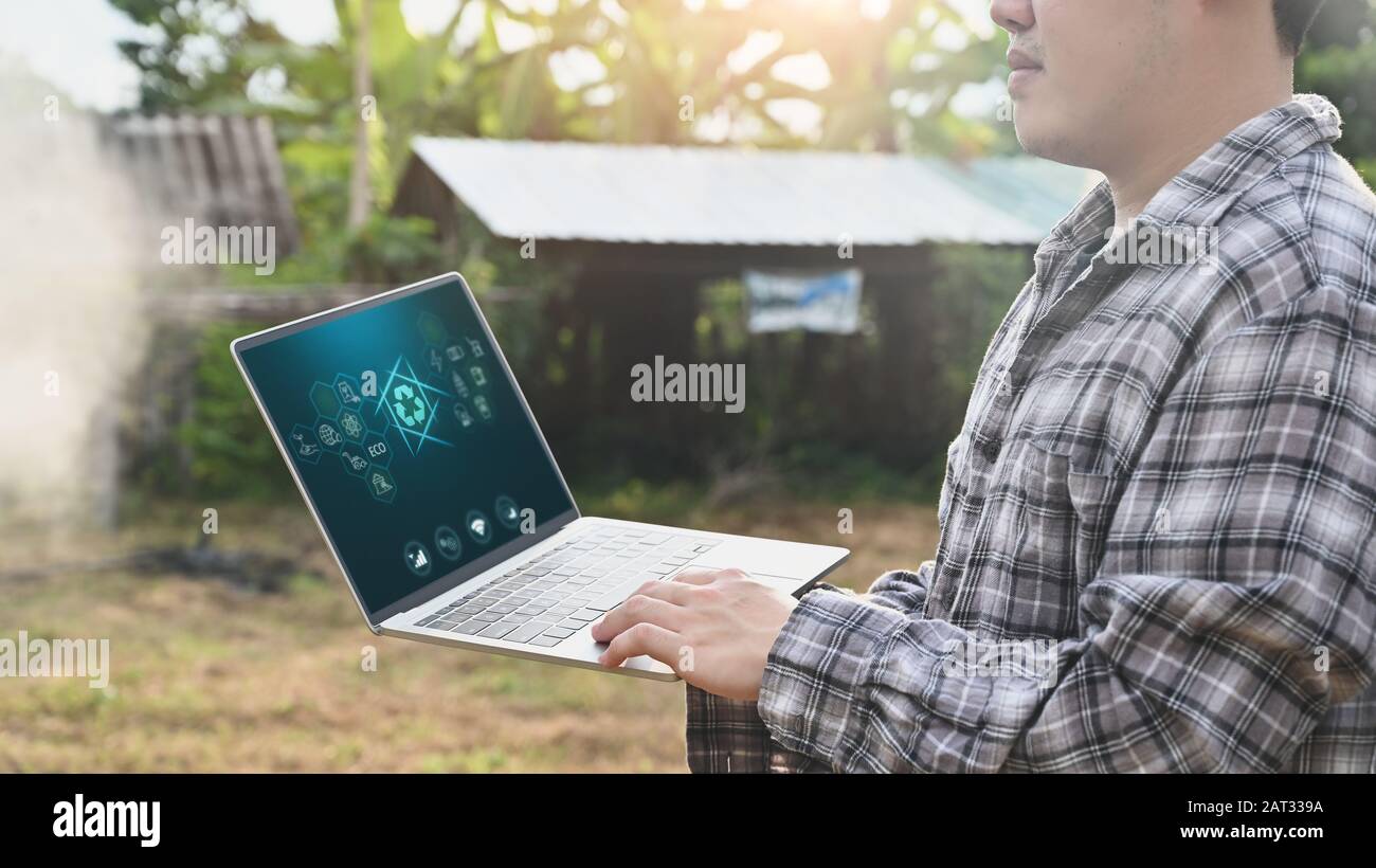 Agriculture technology attractive farmer navigating farmland with ...