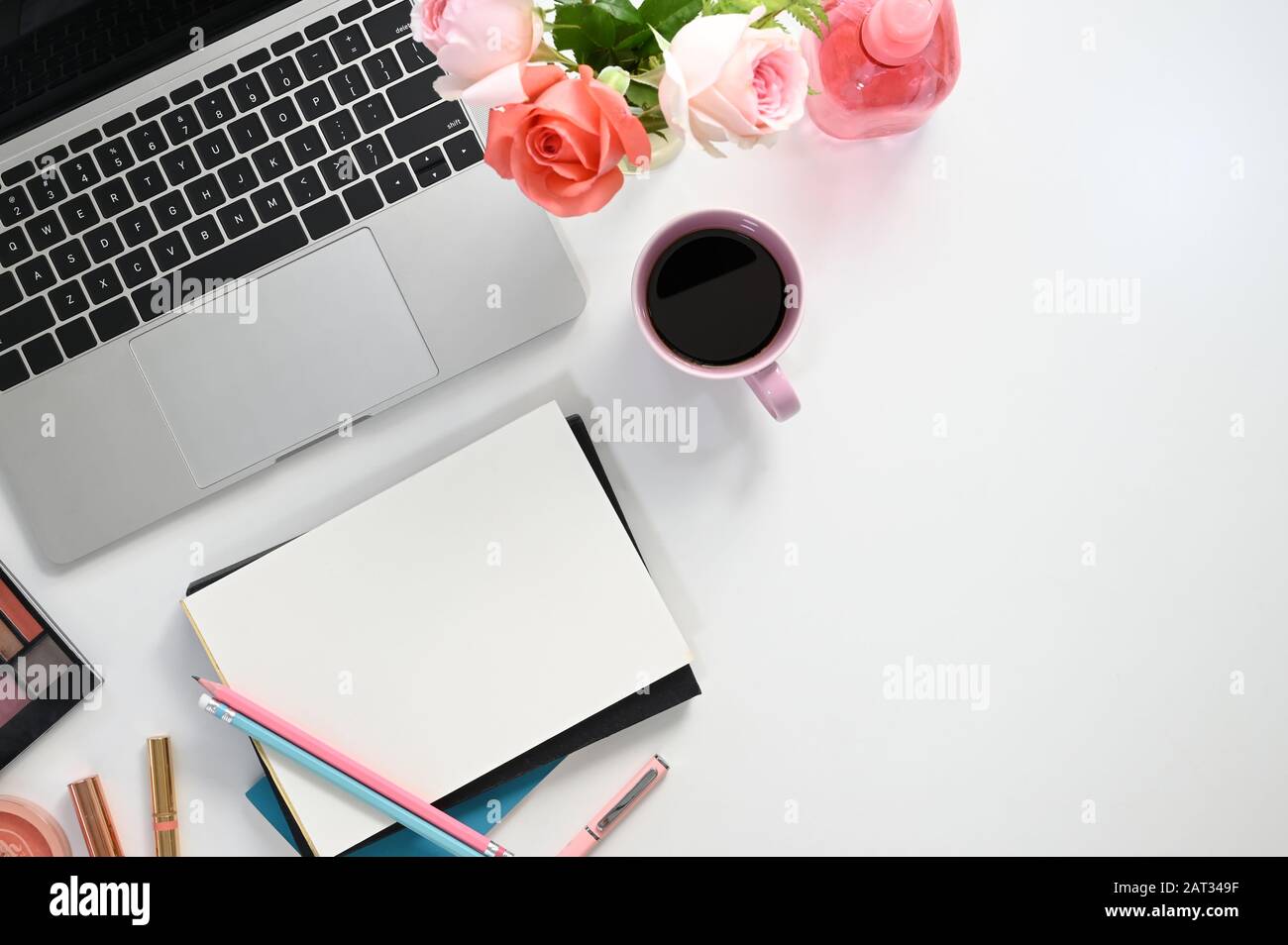 Office desk of creative female desk, View from top of woman equipment ...