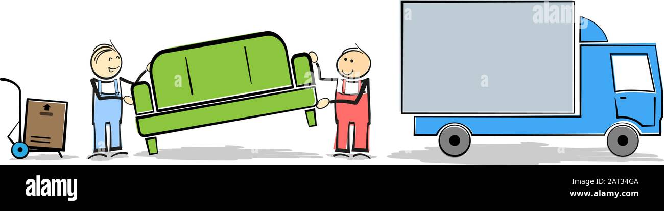 household moving concept with stickman workers transporting furniture ...