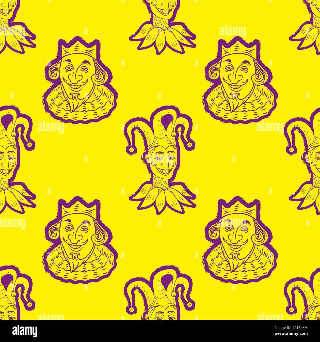 Seamless pattern of king jester's face contour spot on yellow ...