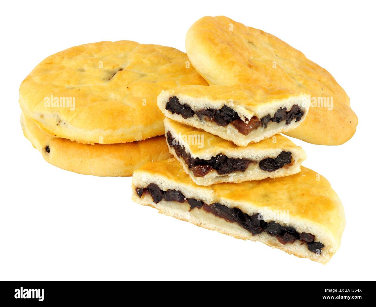 Traditional raisin filled Lancashire Chorley cakes isolated on a white ...