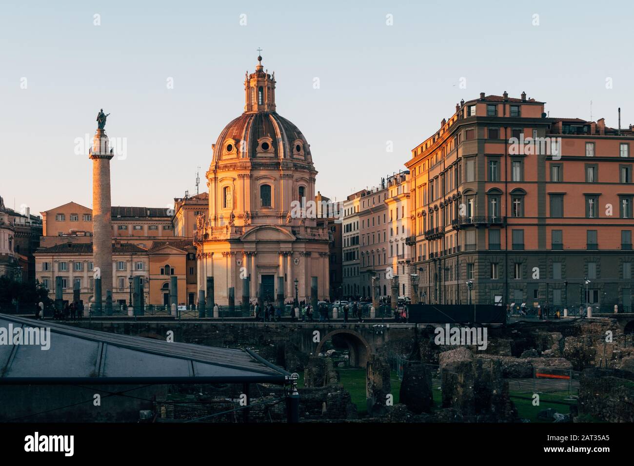 Rome, Italy - Jan 1, 2020: View across the ancient ruins of Trajan's ...