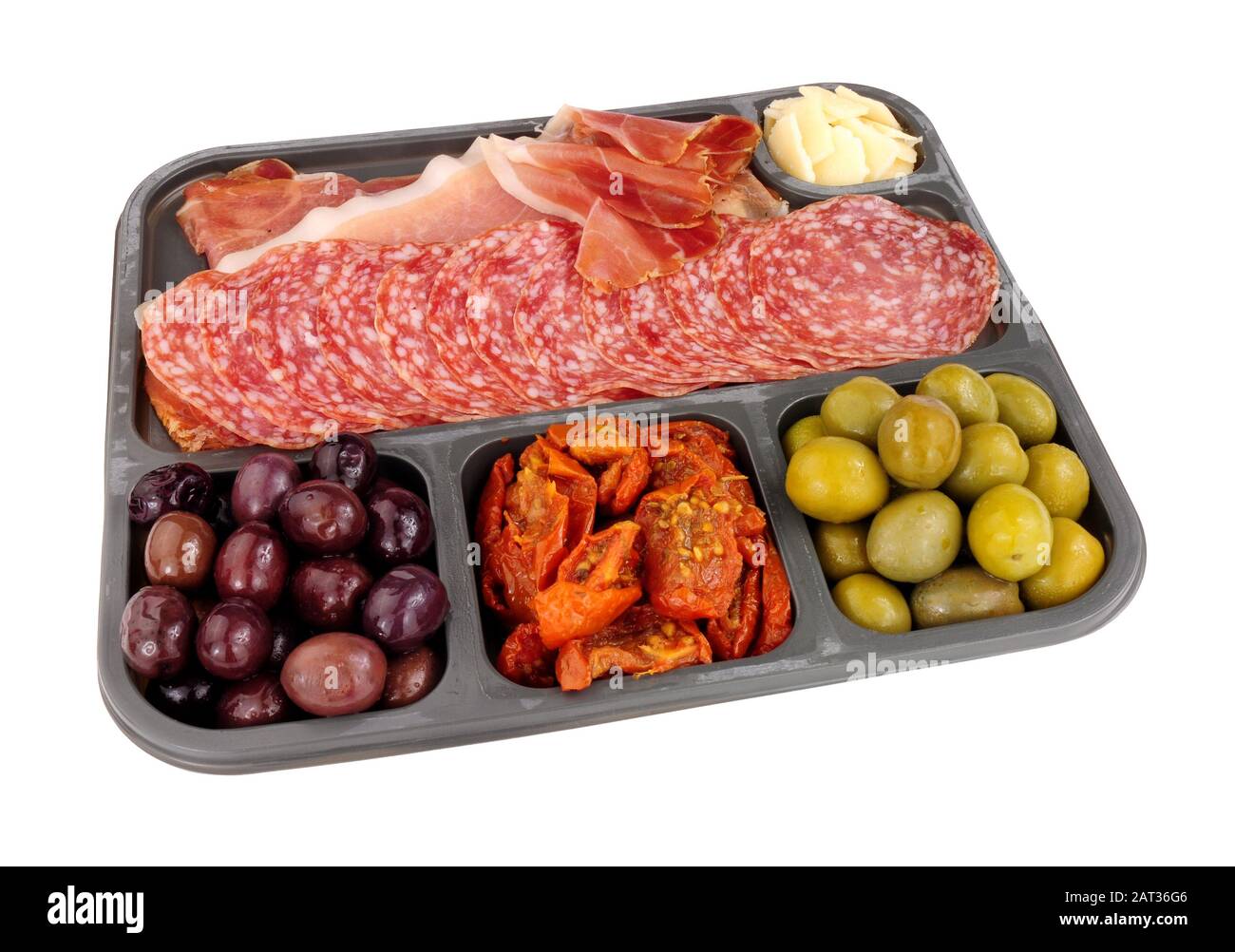 Tray of supermarket Spanish tapas with Serrano ham, Queen green olives ...