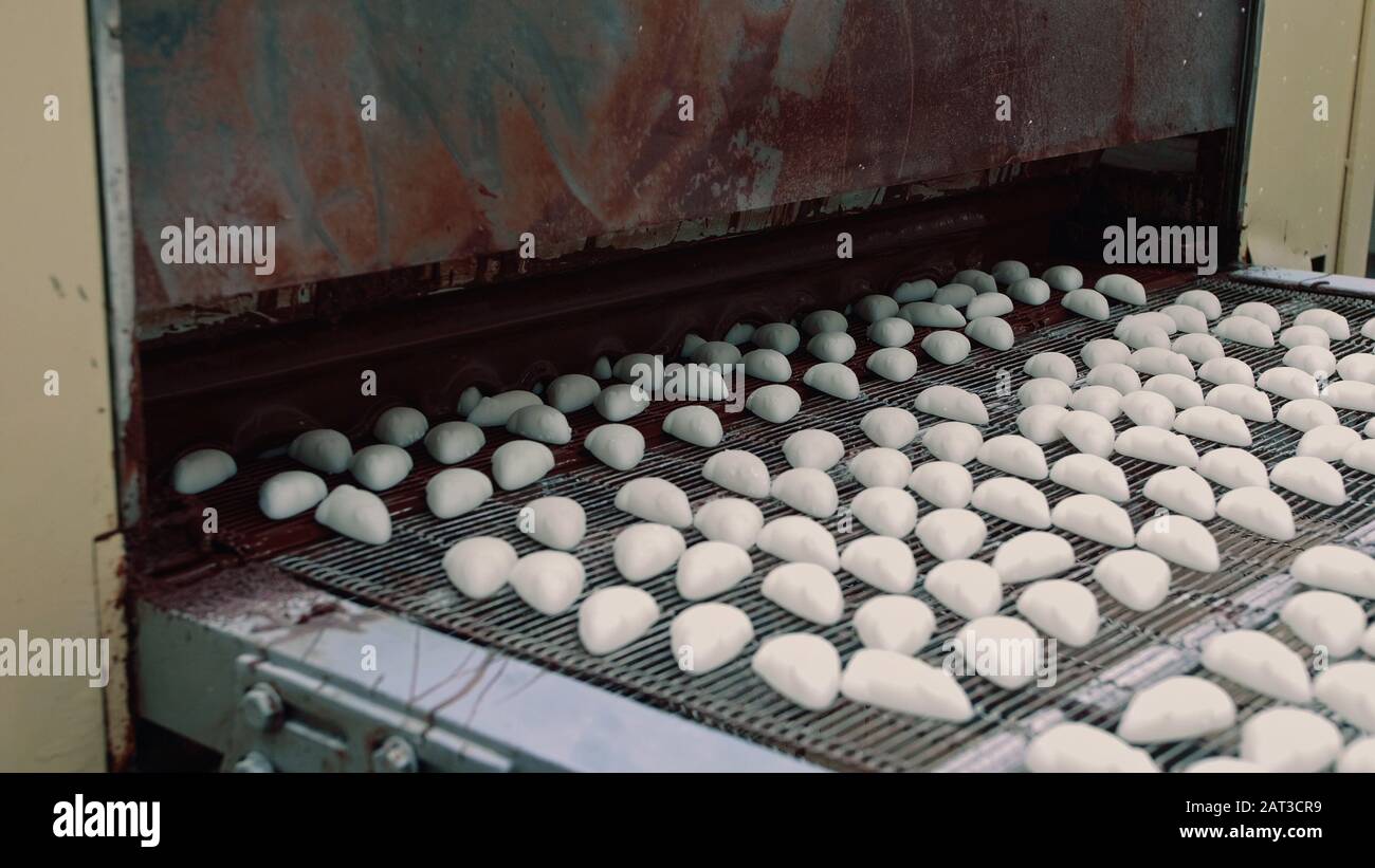 Candy factory. Conveyor belt with fresh candies moving into industrial ...