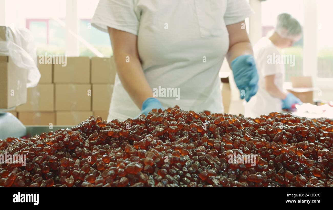 Candy factory. Factory worker packing candies. Young woman in uniform ...