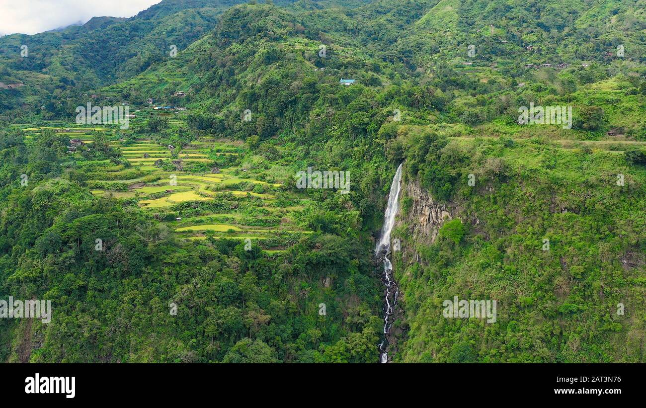 Mountain landscape with rainforest and waterfall, aerial view ...