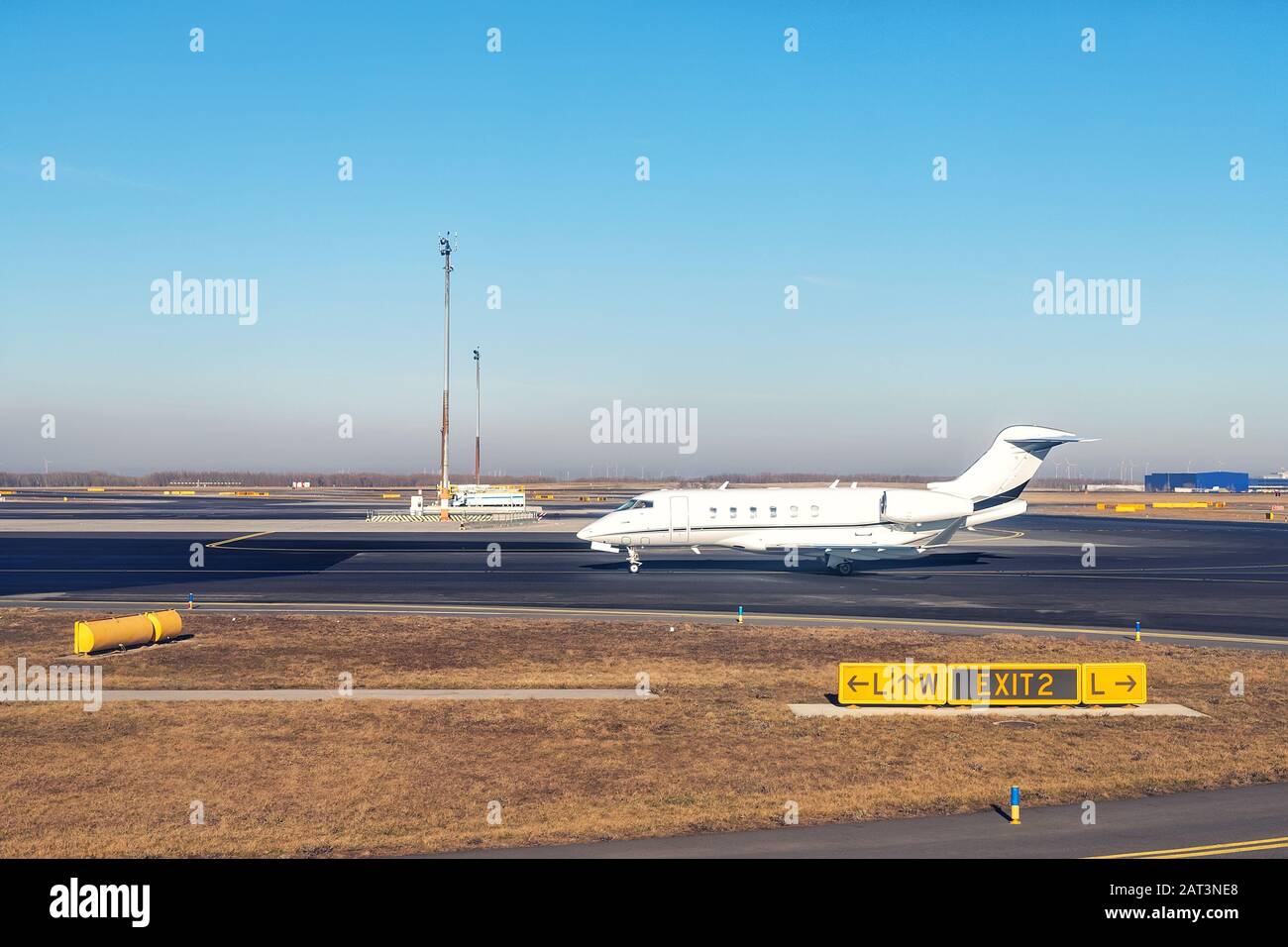 Mid size modern vip private jet running on rairport runway ready to ...