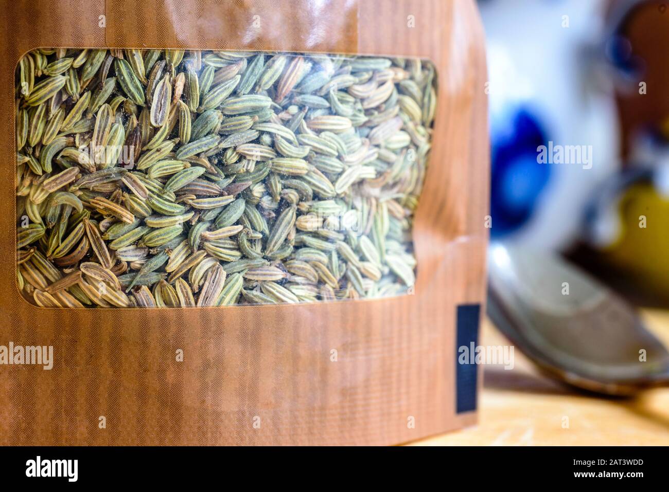 fennel seeds in paper packaging ready to be brewed as tea Stock Photo ...