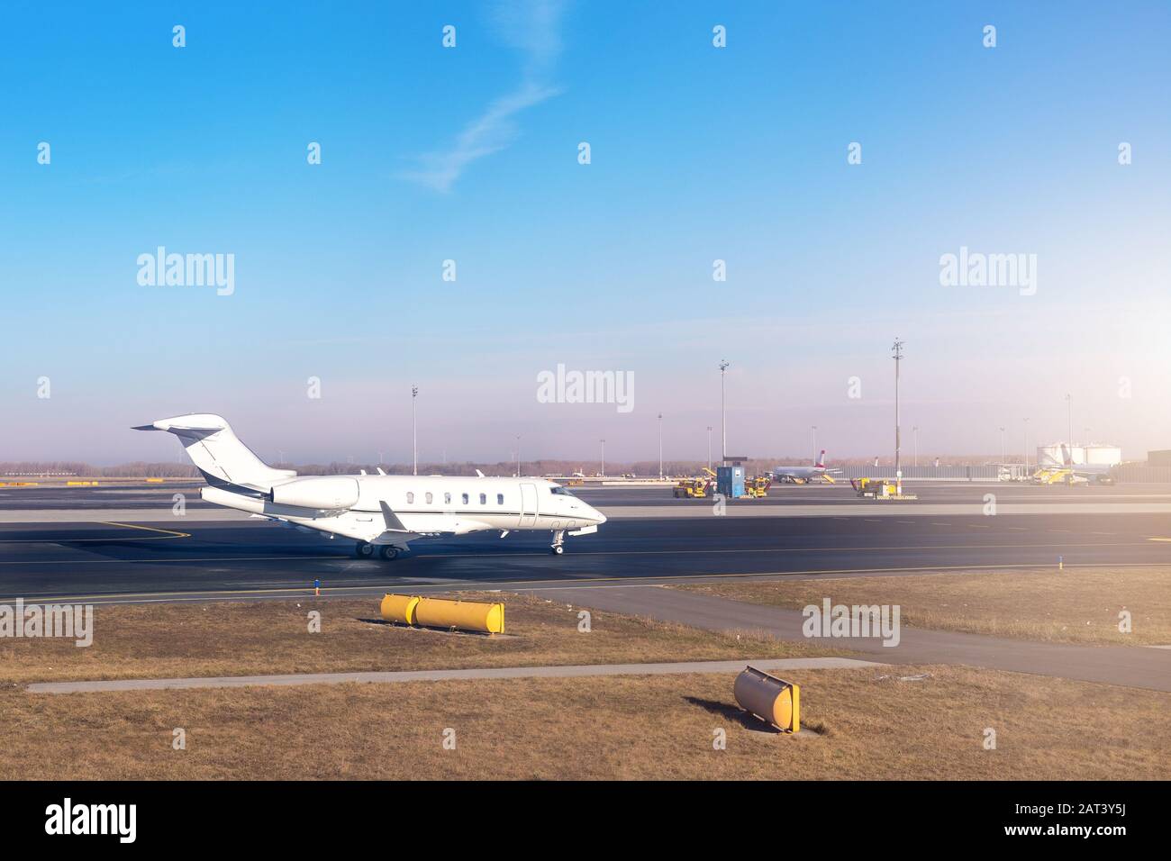 Mid size modern vip private jet running on rairport runway ready to ...
