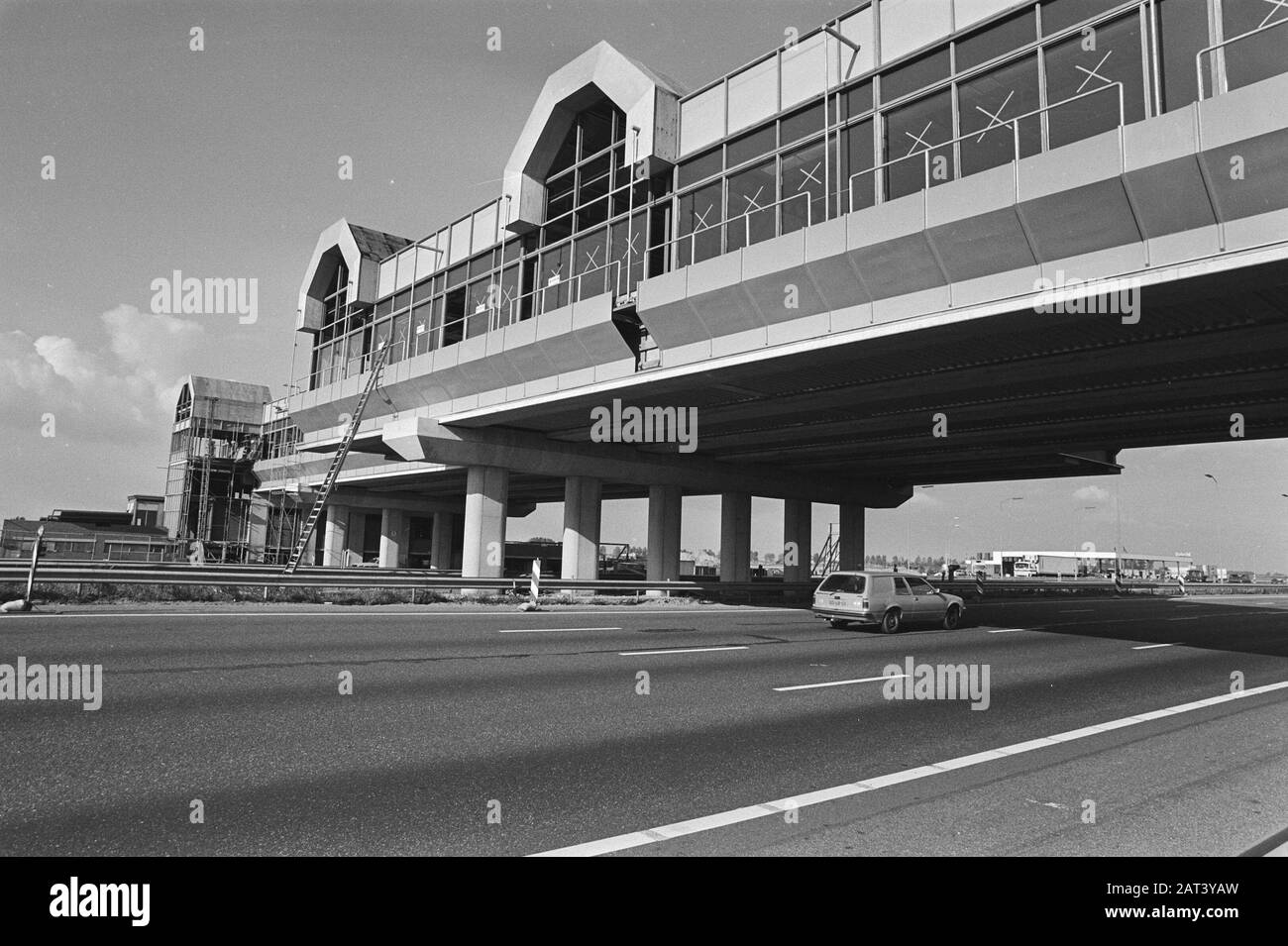 Under construction bridge-restaurant over the A2 which partially opens ...