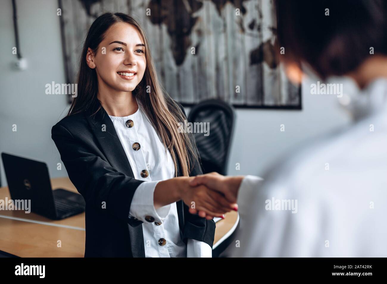 Beautiful, successful girl shakes hands with her partner. Concept of ...