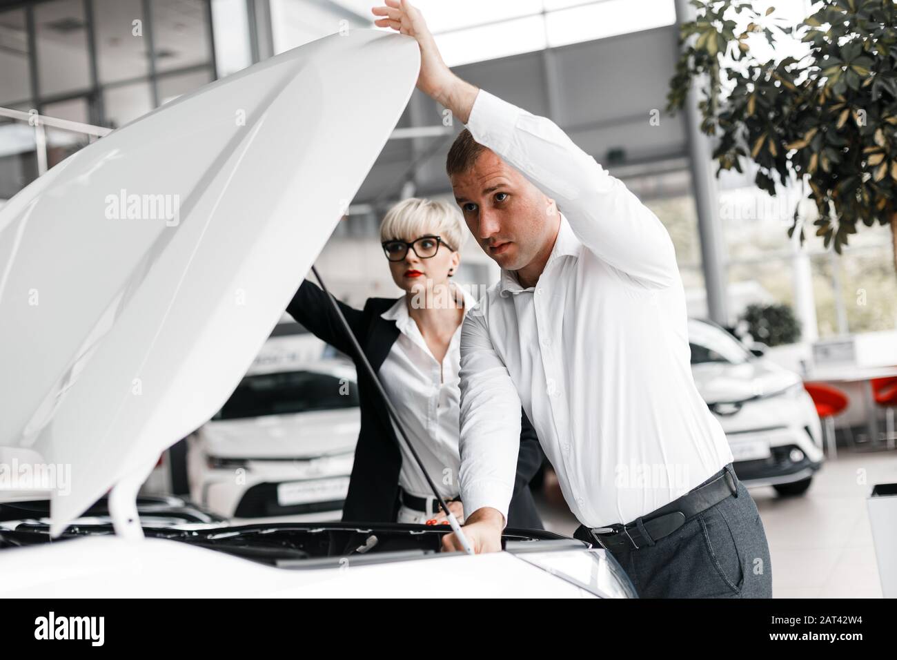 Couple wife and husband choose a car in dealership and looking under ...