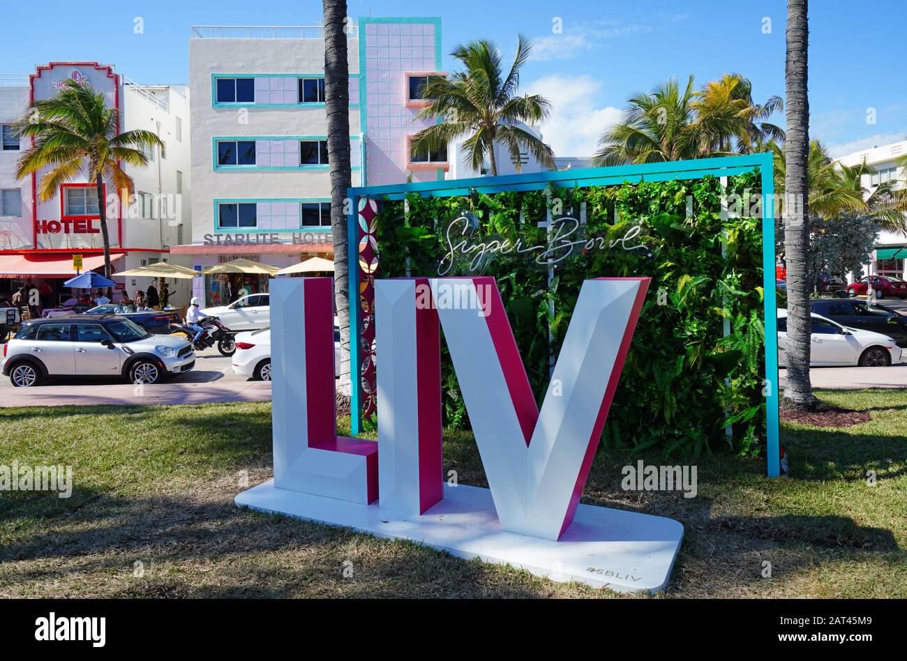 MIAMI, FL -28 JAN 2020- View of the Superbowl LIV 54 sign near the FOX ...