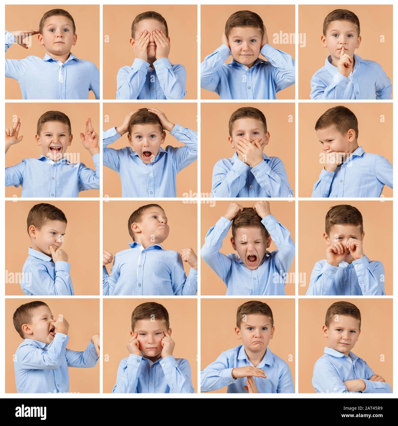 collage of portraits of little boy with different happy, sad and angry ...