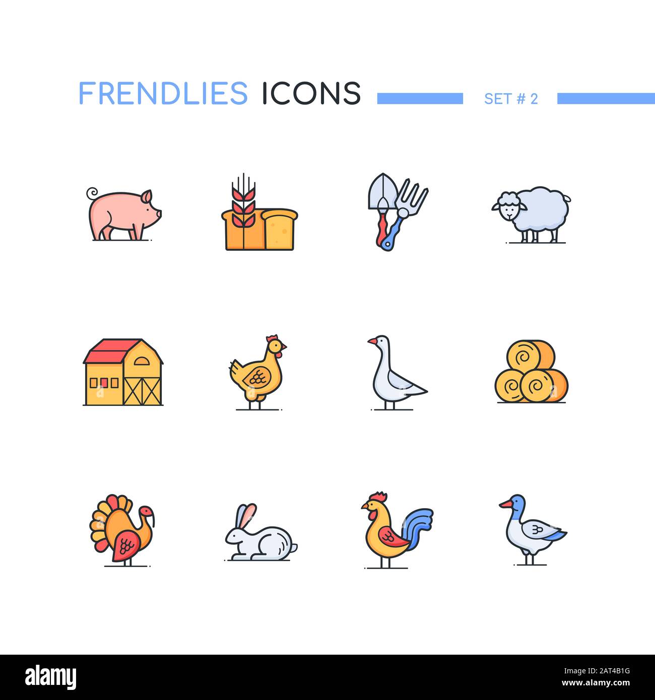 Farm animals and objects - line design style icons set Stock Vector ...