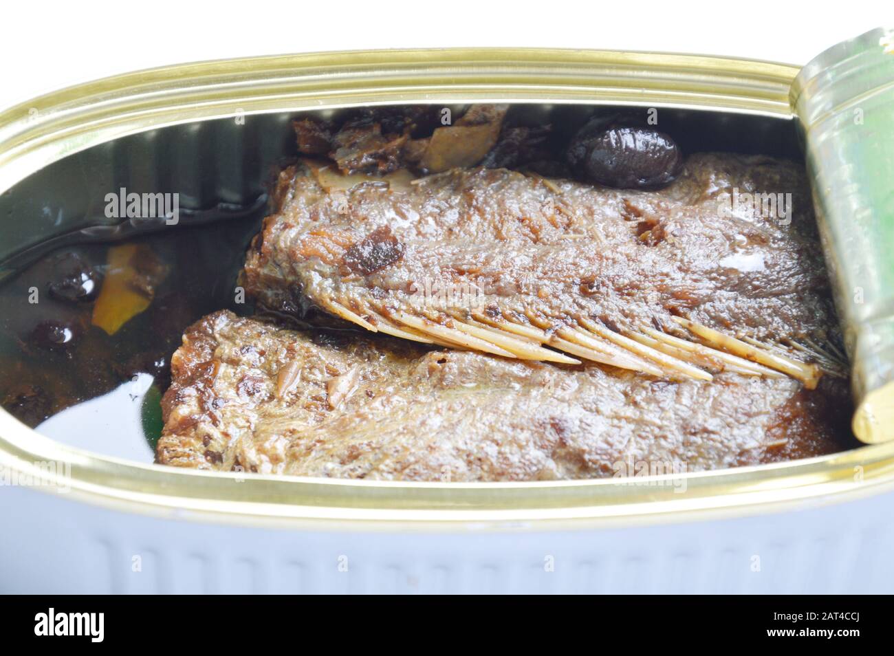 salty fried fish in tin canned opened on white background Stock Photo ...