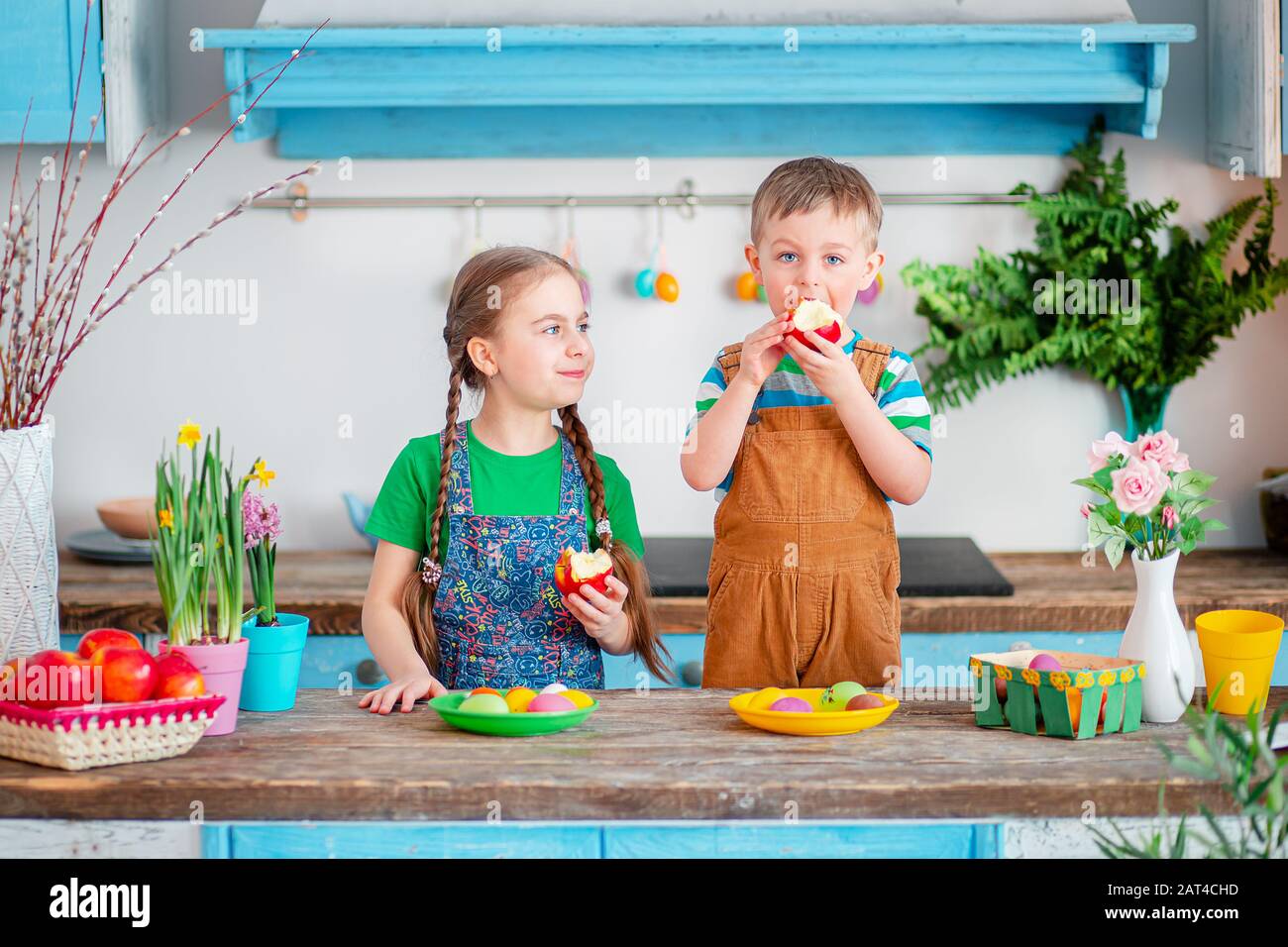 Happy easter. Cute brother and sister, funny kids boy and girl are ...
