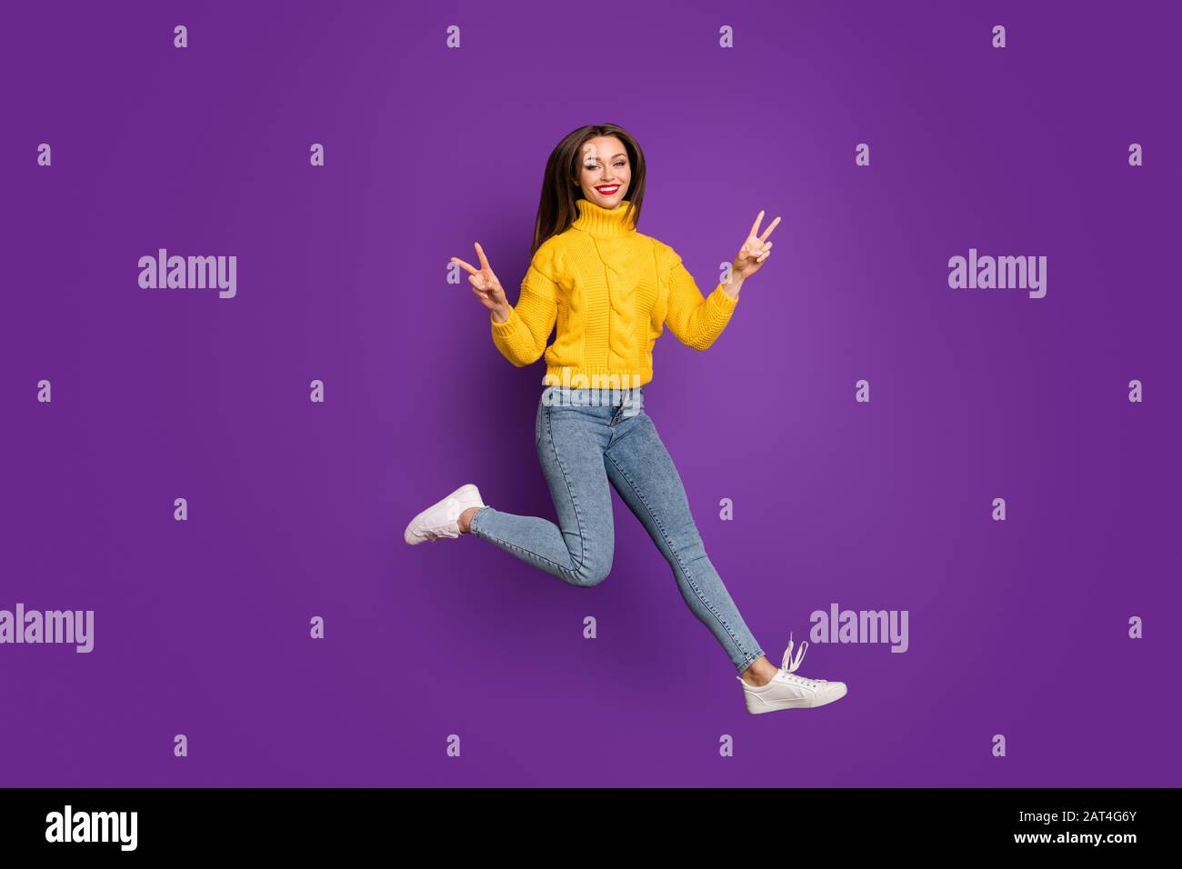 Side profile full length body size photo of cheerful positive casual ...