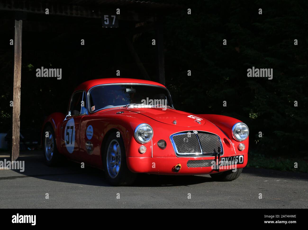 A red MGA sports car at Shelsley Walsh speed hillclimb, Worcestershire ...