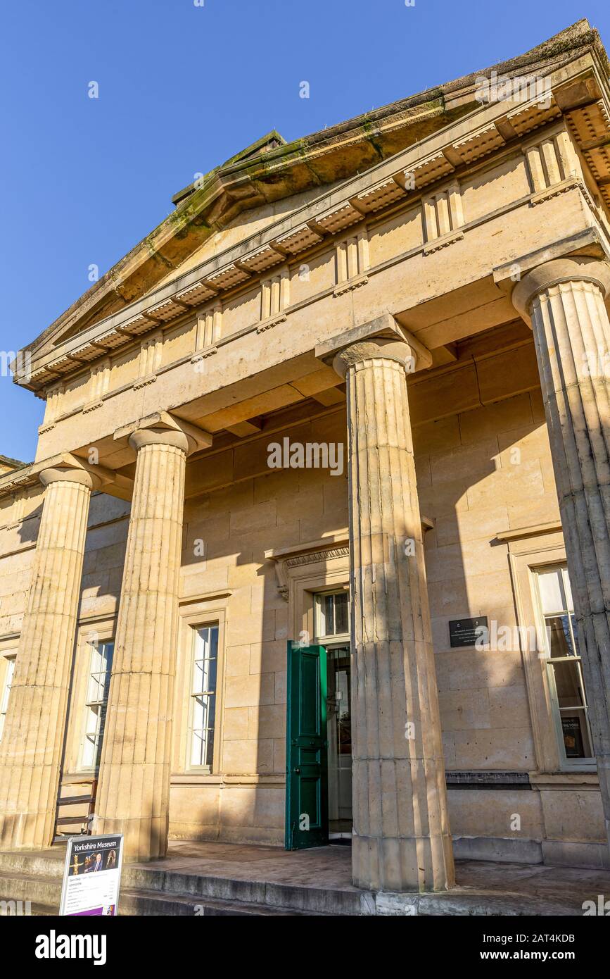 Yorkshire Museum, York. Building in the architectural Greek Revival style with doric columns ...