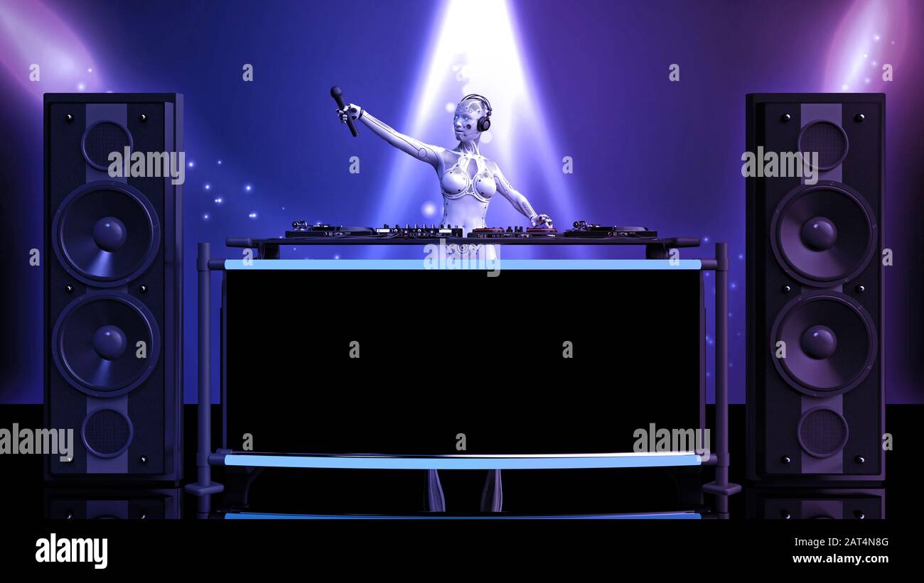 DJ android, disc jockey robot holding microphone and playing music on ...