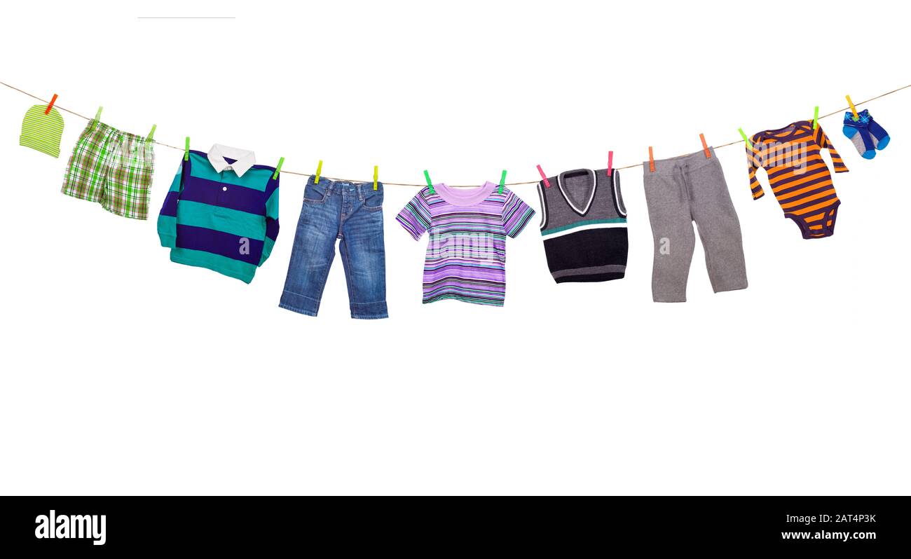 Laundry line with clothes on a white background Stock Photo - Alamy