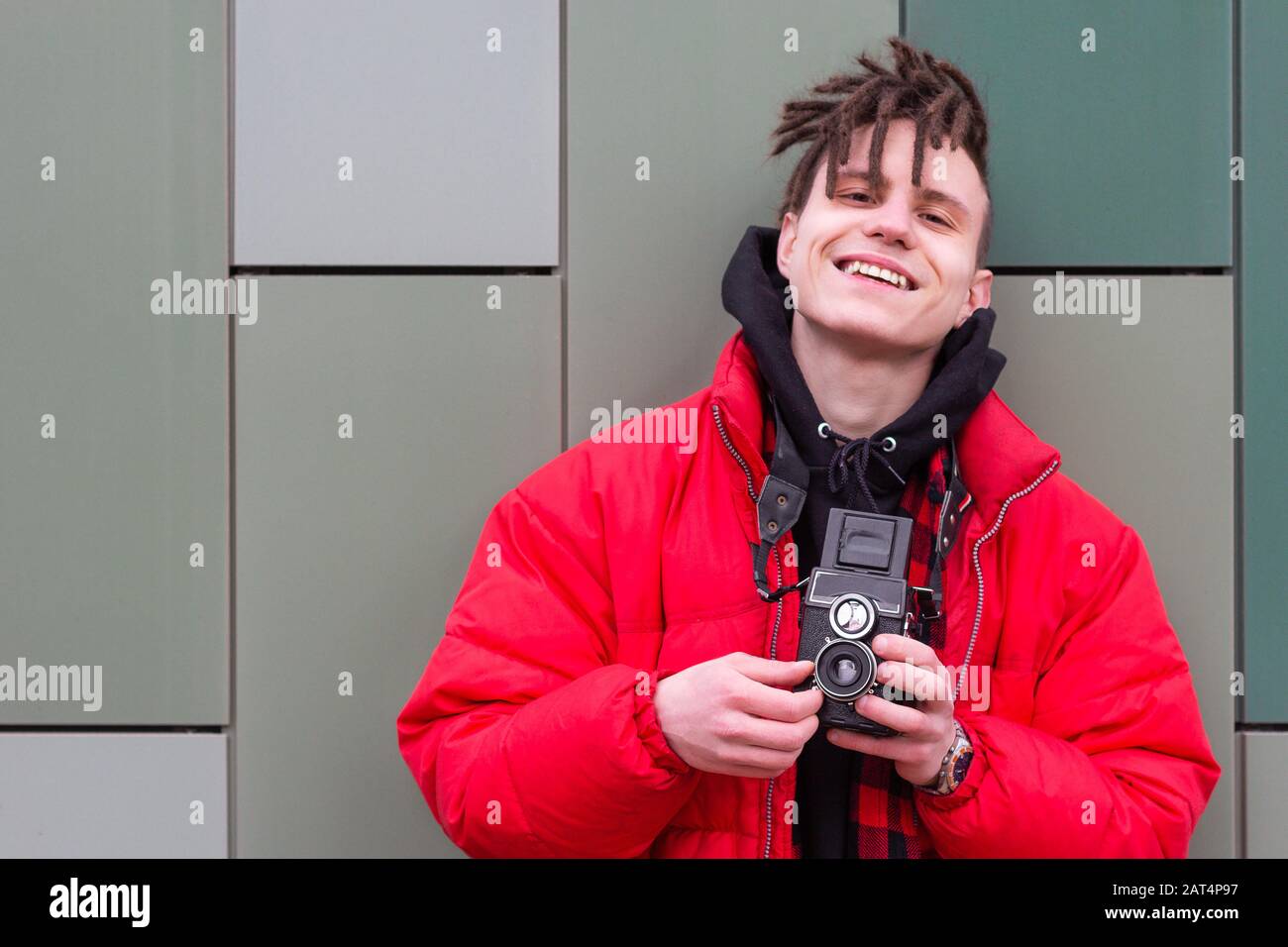 portrait of photographer took shot and smile happy fashionable Stock ...
