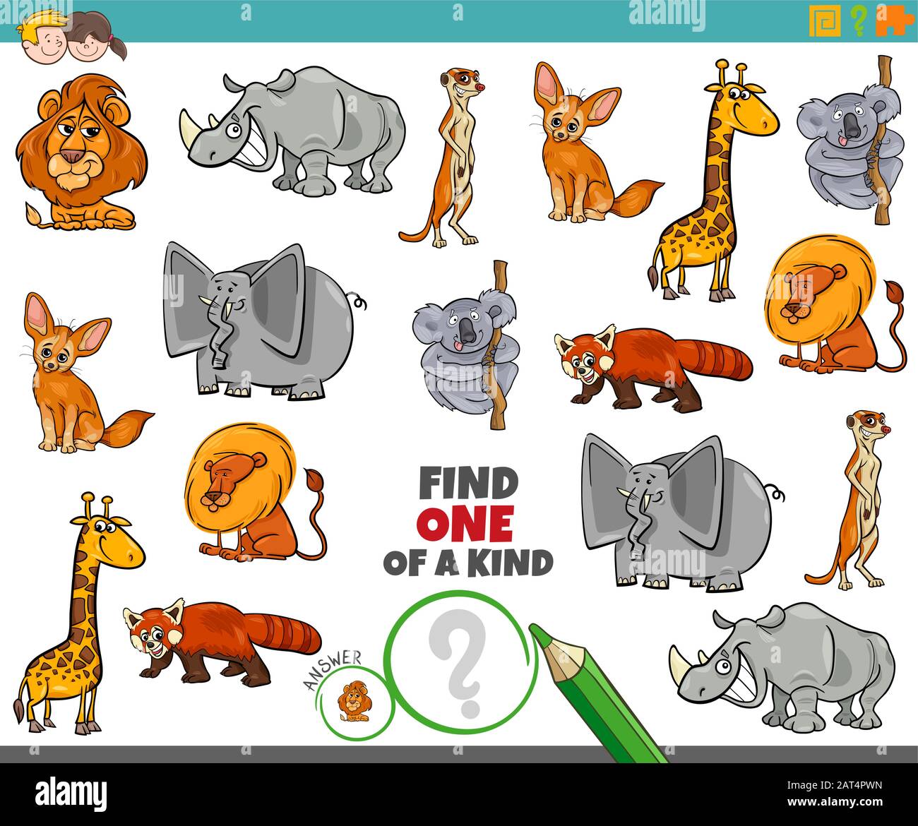 Cartoon Illustration of Find One of a Kind Picture Educational Game ...