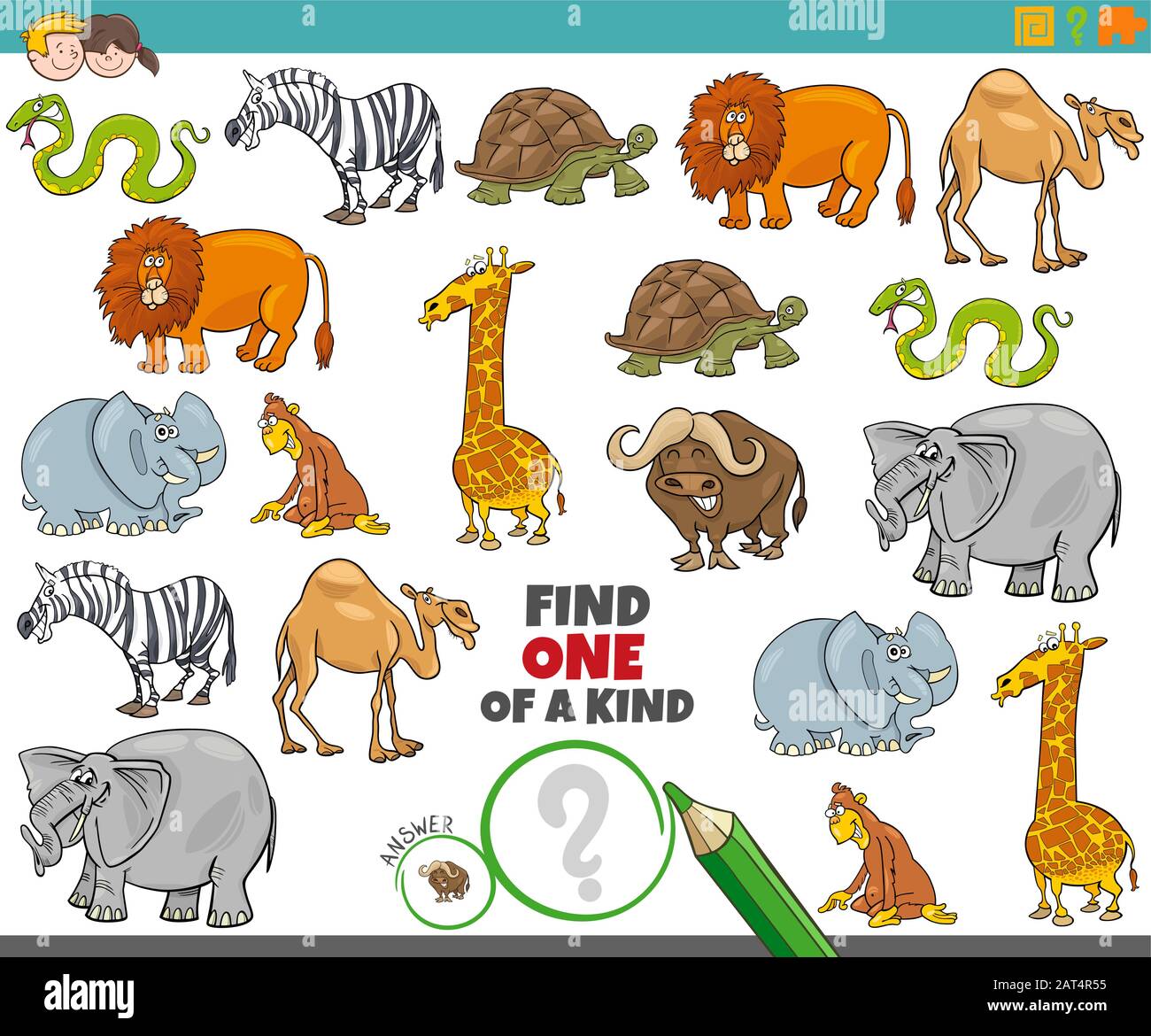 Cartoon Illustration of Find One of a Kind Picture Educational Game ...