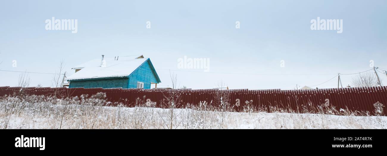 Banner of blue sky with snow field and blue house. Great background ...