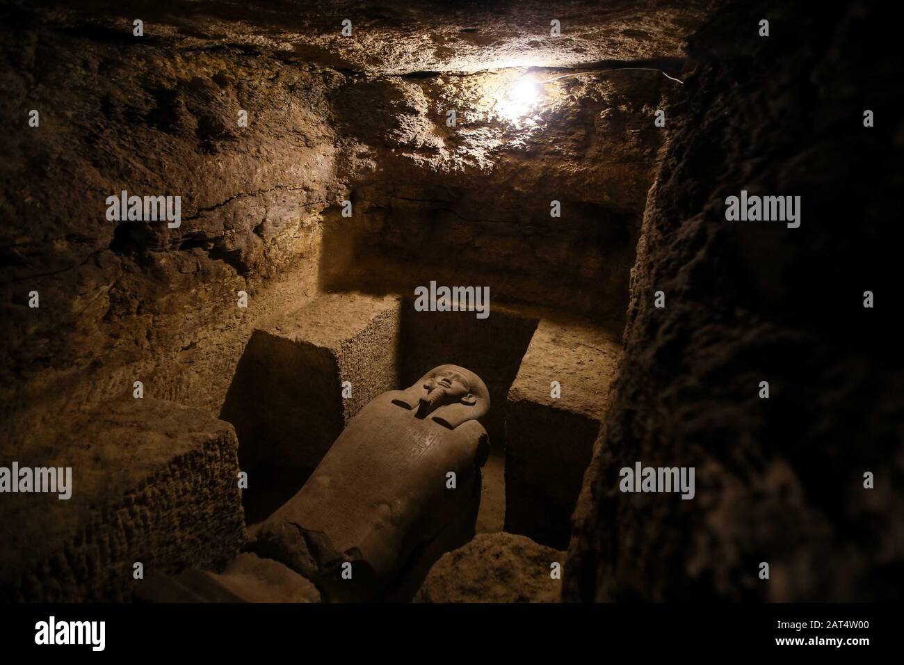 Minya, Egypt. 30th Jan, 2020. A sarcophagus is seen inside a communal ...