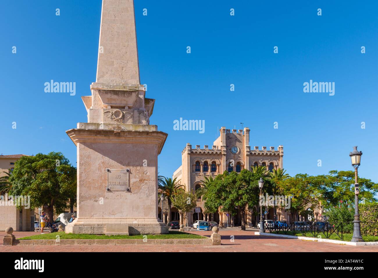 Menorca, Spain - October 15, 2019: Obelisk and town hall at main square ...
