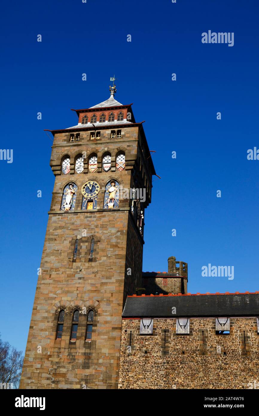View of the Victorian Gothic revival clock tower, part of Cardiff Castle, Cardiff, South ...