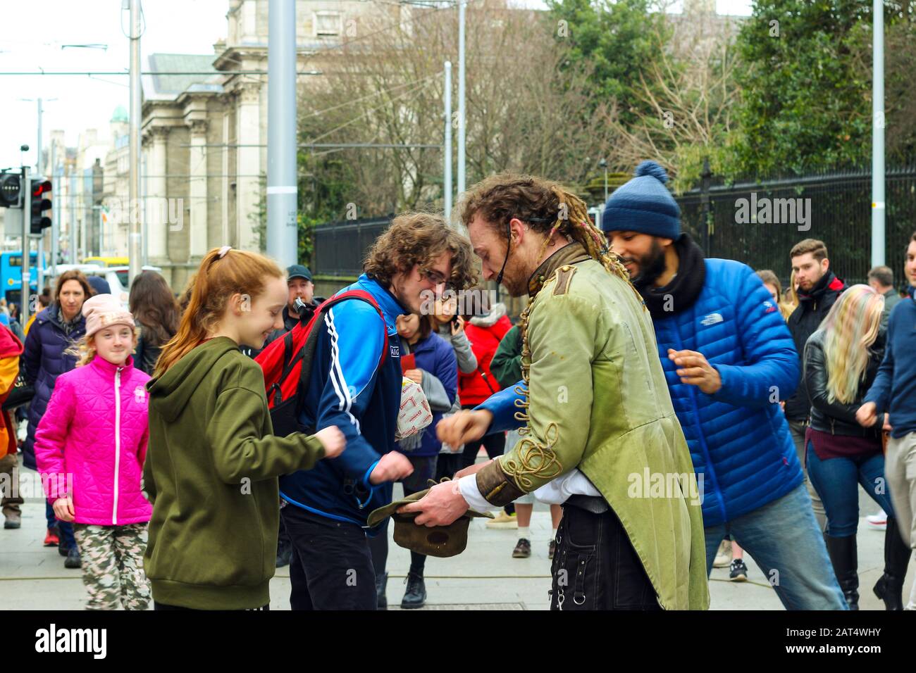 Dublin Ireland, February 19 2018: Editorial photo of a man collecting ...