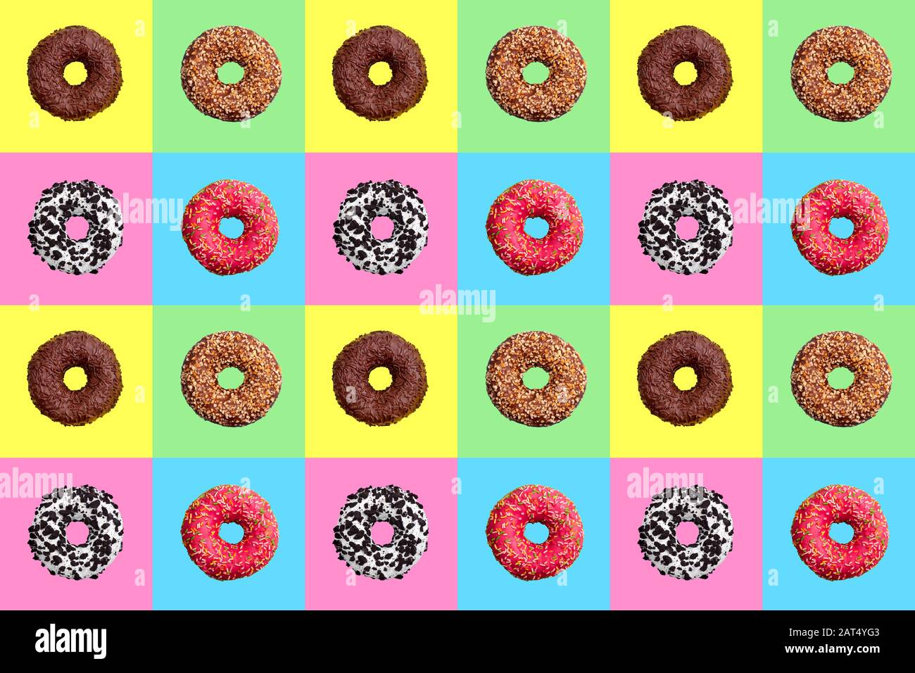 Seamless pattern of different donuts on bright checkered multi-colored ...