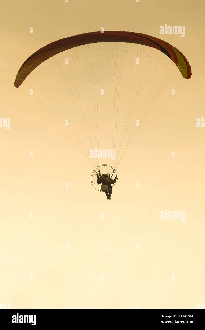 Rear view of paraglider with engine flying, silhouette at sunset Stock ...
