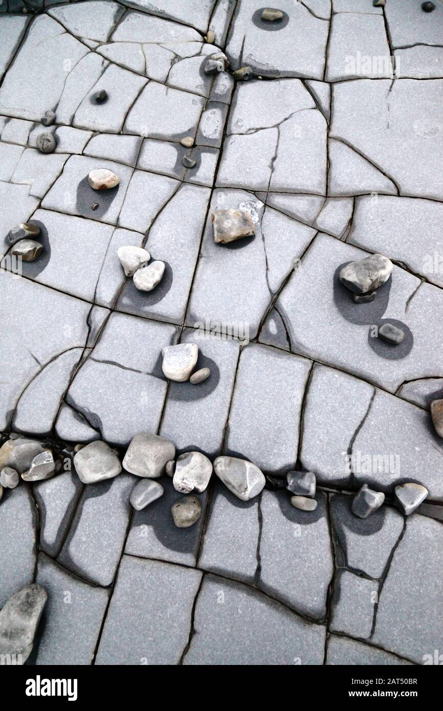 Limestone pavement on foreshore at Lavernock Point, South Glamorgan ...