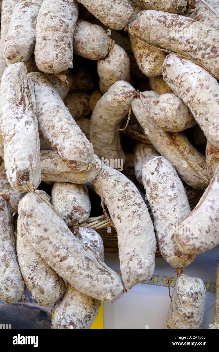 Traditional salami, weekly street food market, Vigevano, Lombardy ...