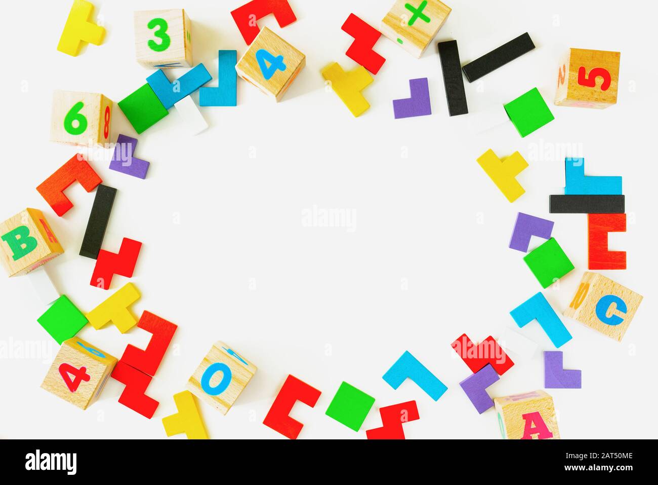Colorful baby toys on white background. Frame from developing wooden ...