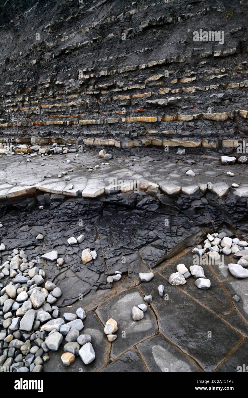 Lower Lias limestone and shale rock strata and limestone pavement on ...