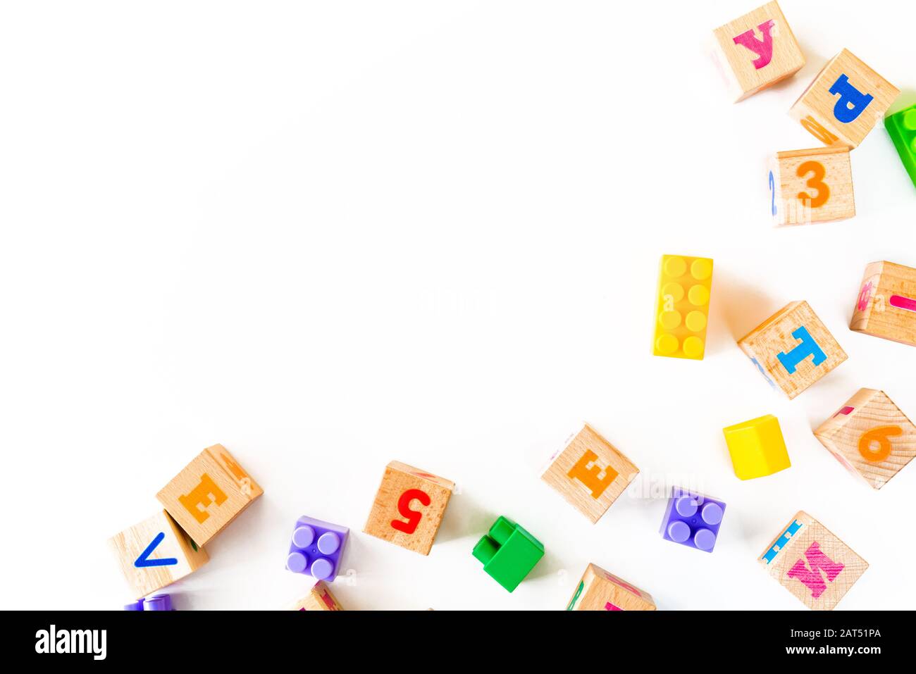 Colorful baby toys on white background. Frame from developing wooden ...