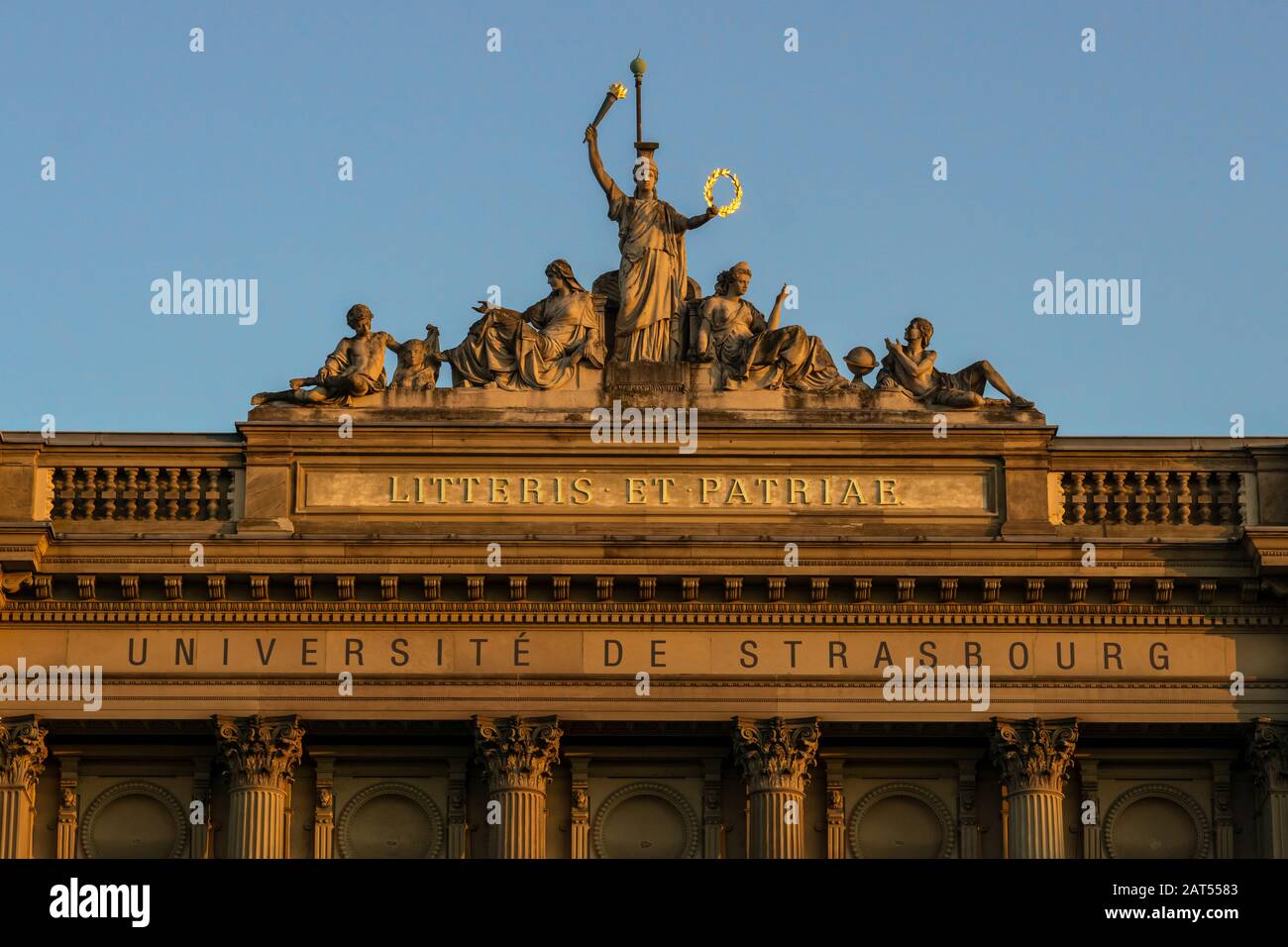 University of Strasbourg main historic building facade at dusk with ...